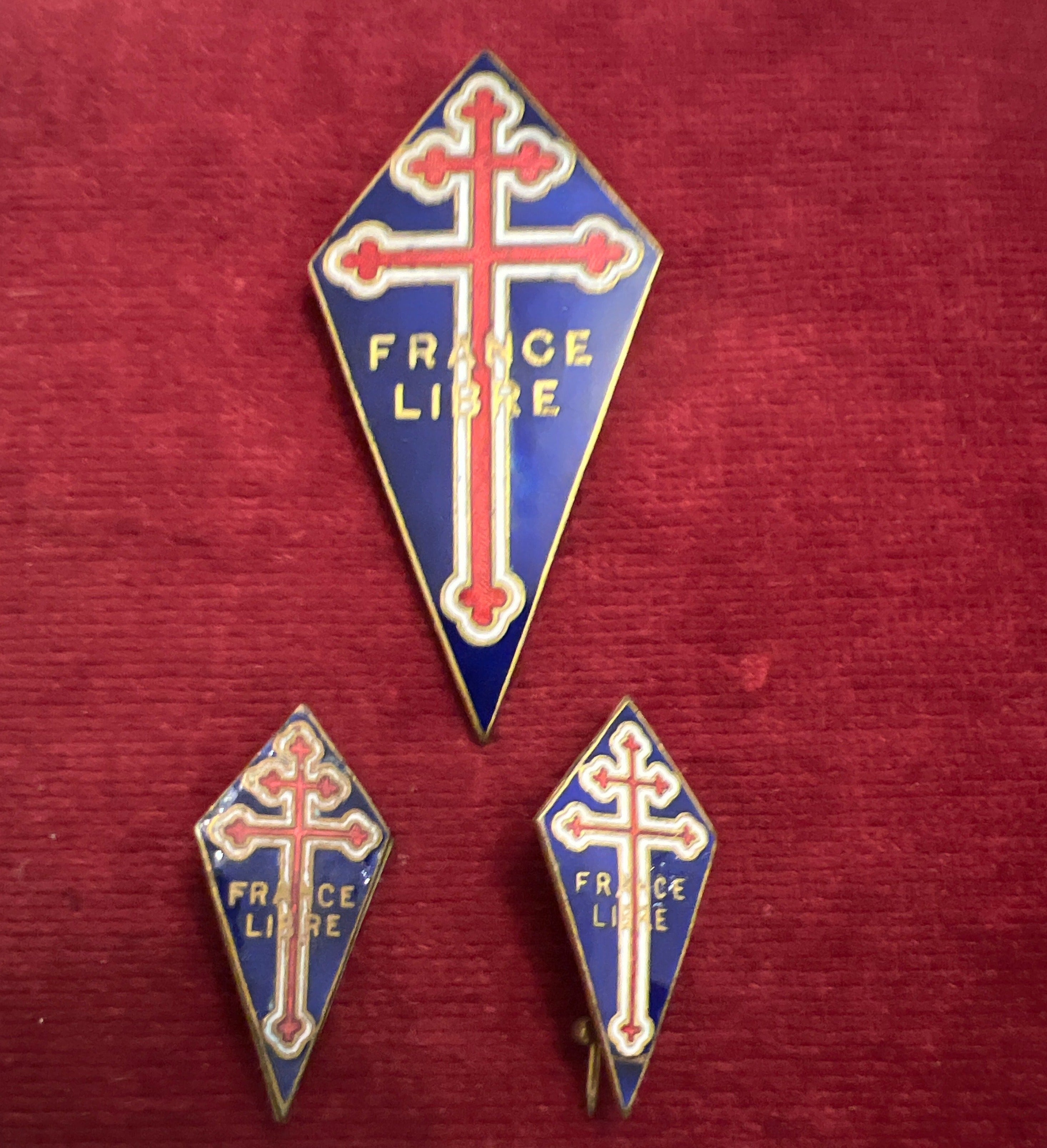 France, Free French Forces Badge with two miniature badges, numbered 3 ...