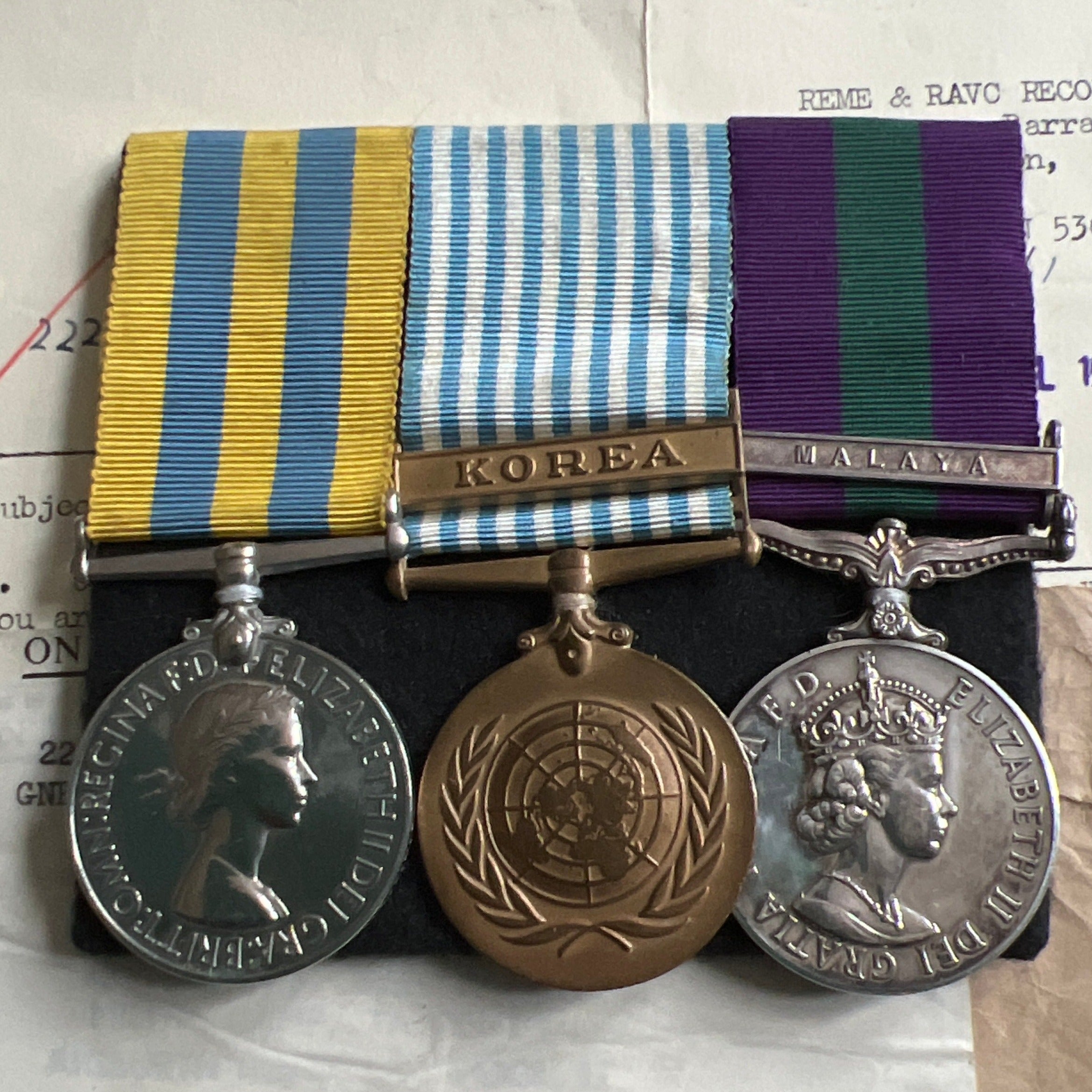 Group of 3 to 22286796 CFN. G. D. Crewe, R.E.M.E. (for Korea), then re ...