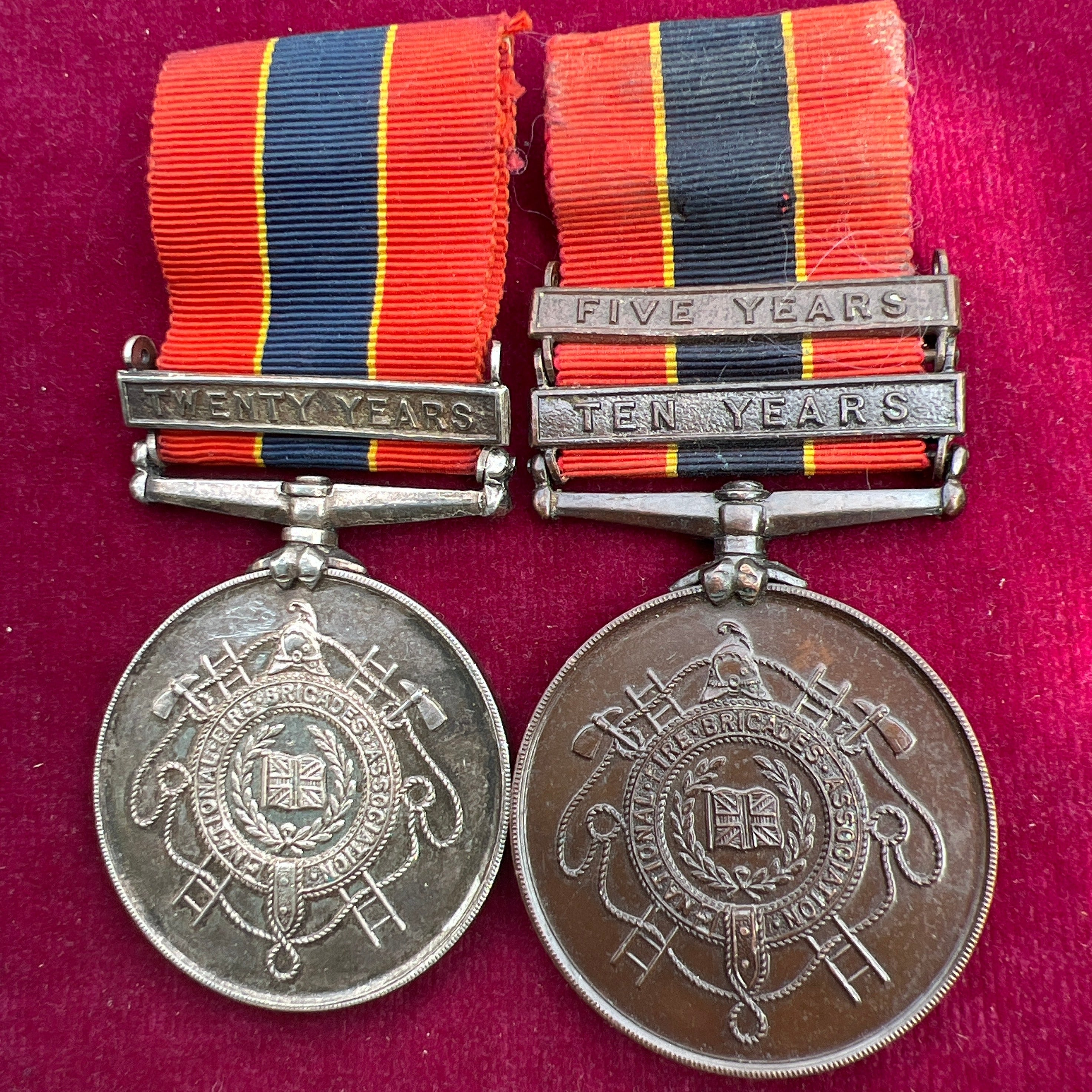 National Fire Brigades Association Long Service Medal pair, bronze & s ...